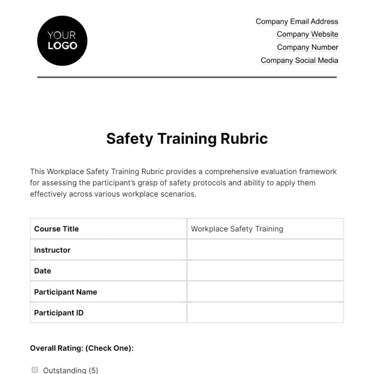 Safety Training Rubric HR Template - Edit Online & Download Example ...