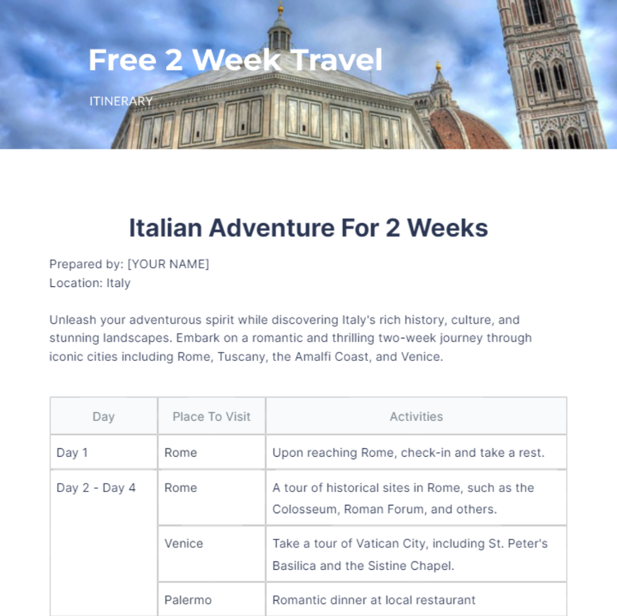 2 Week Travel Itinerary Template - Edit Online & Download Example