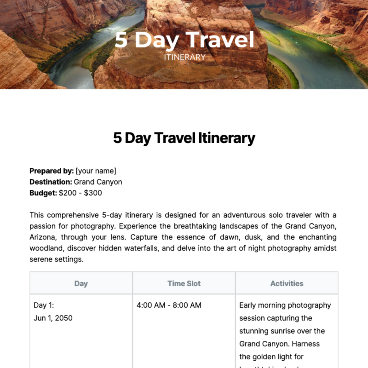 5 Day Travel Itinerary Template - Edit Online & Download Example ...