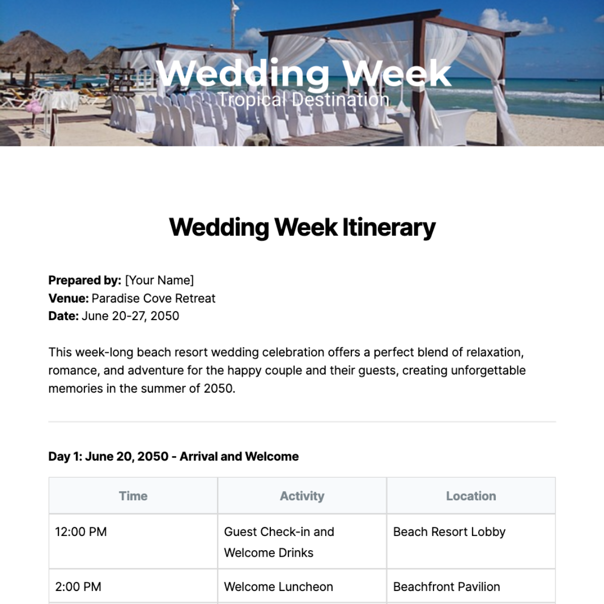 Wedding Week Itinerary Template - Edit Online & Download Example ...