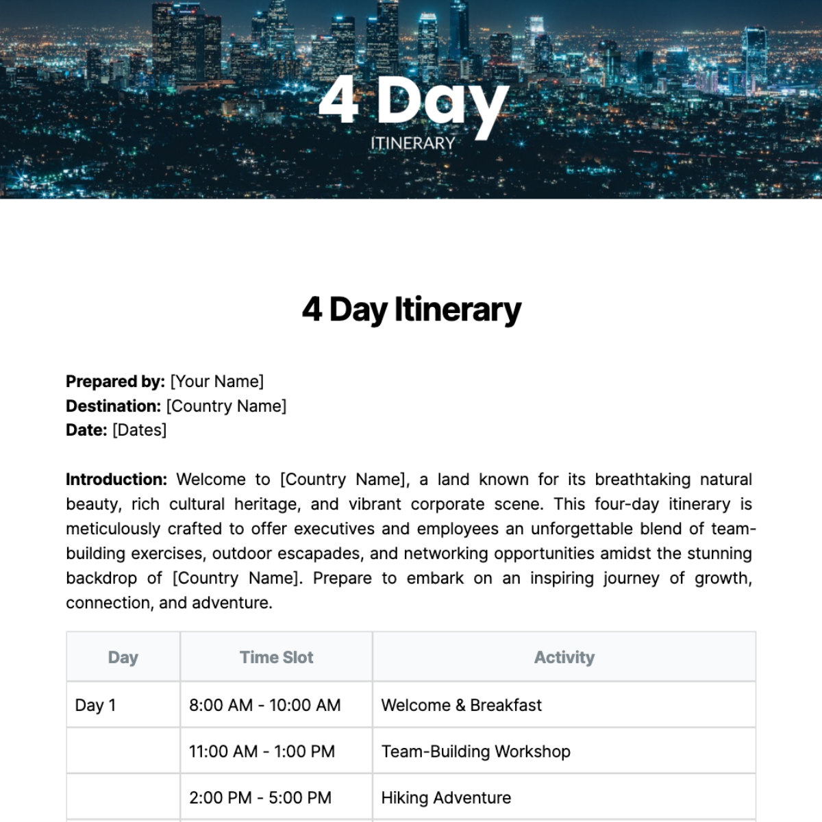 4 Day Itinerary Template - Edit Online & Download Example | Template.net