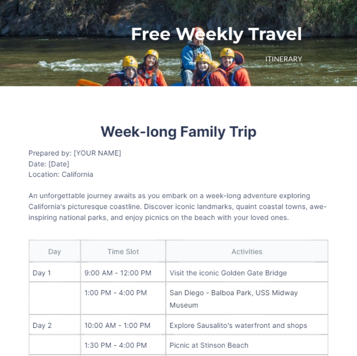 Weekly Travel Itinerary Template - Edit Online & Download Example