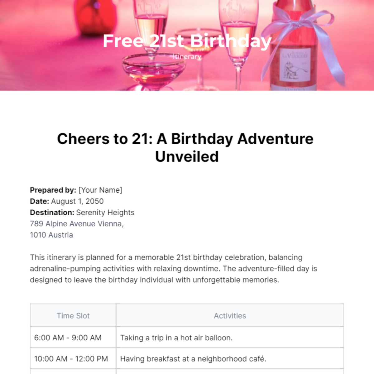 21st Birthday Itinerary Template - Edit Online & Download Example