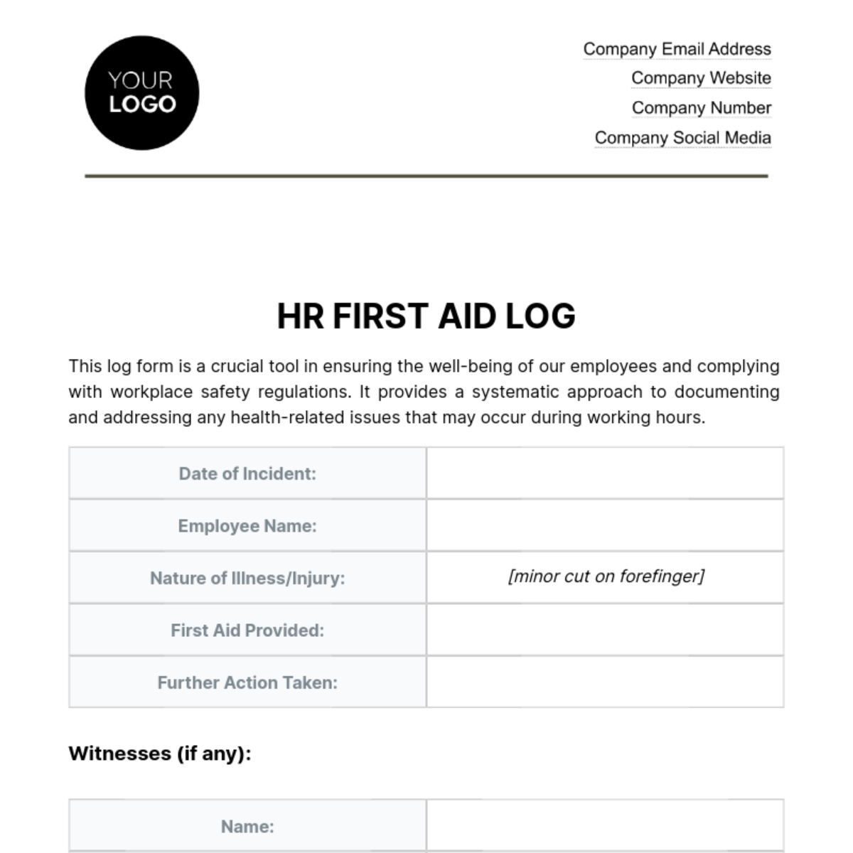 First Aid Log HR Template - Download