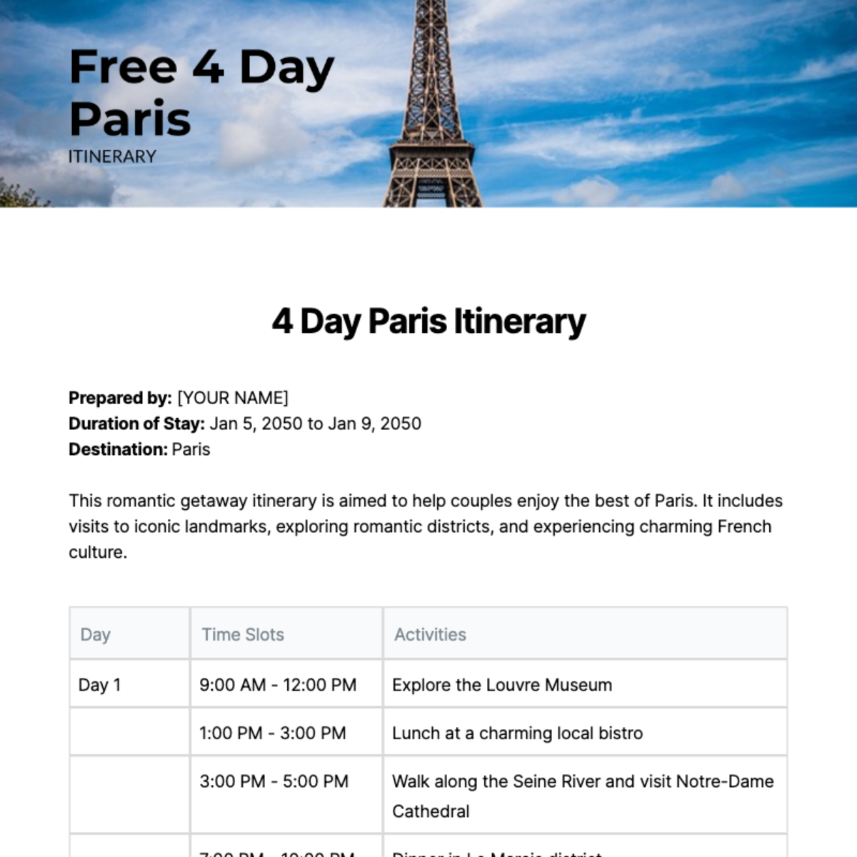 4 Day Paris Itinerary Template - Edit Online & Download Example ...