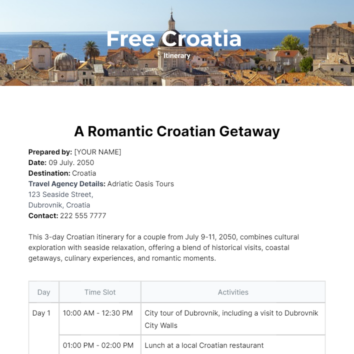 Croatia Itinerary Template - Edit Online & Download Example | Template.net