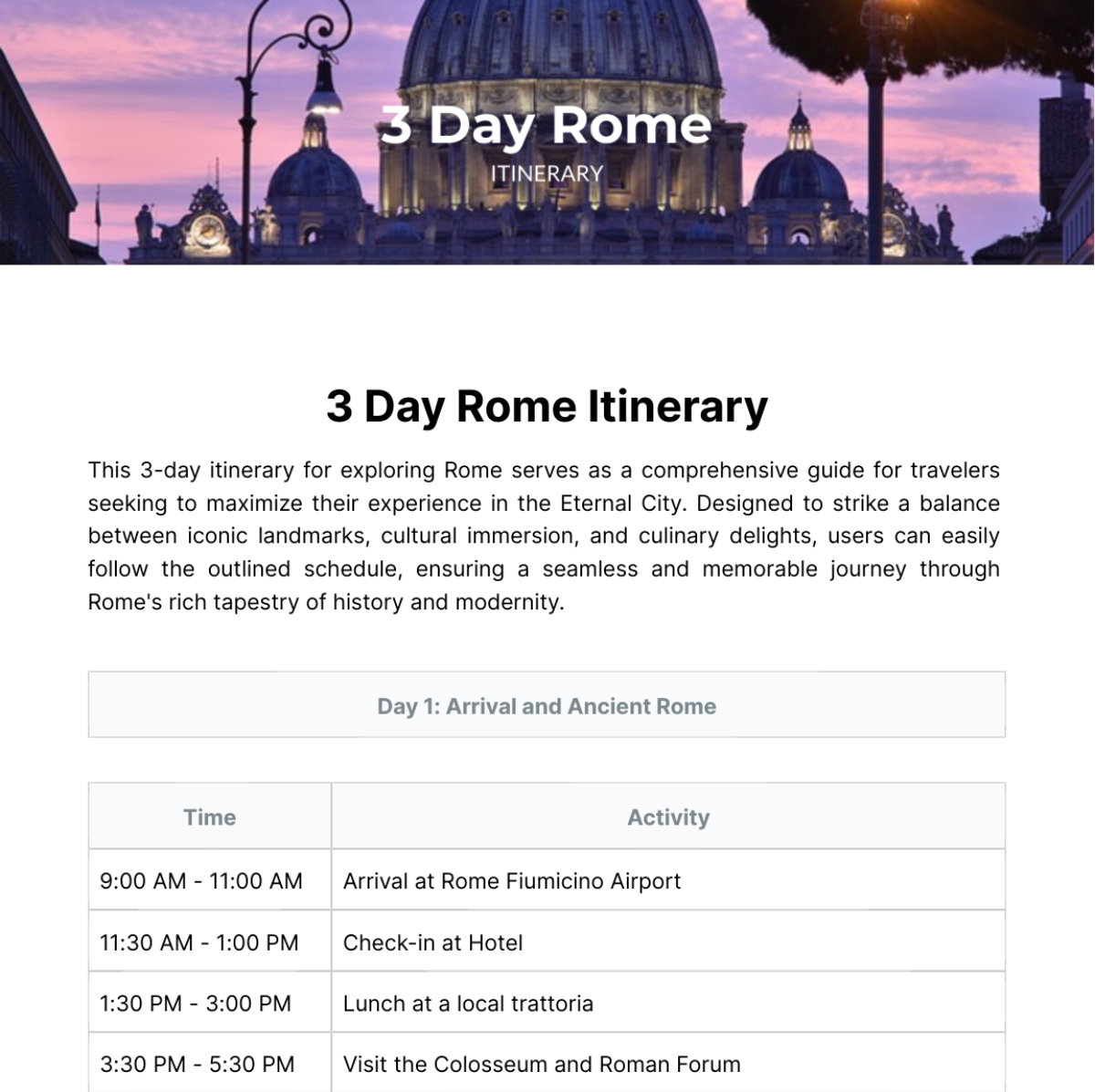 3 Day Rome Itinerary Template - Edit Online & Download Example ...