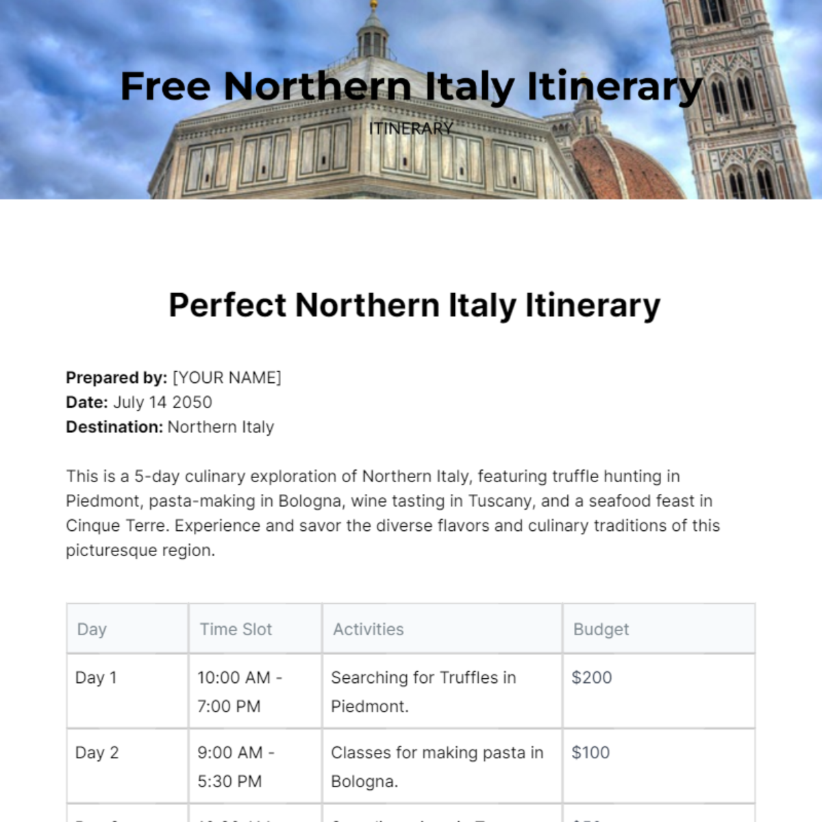Northern Italy Itinerary Template - Edit Online & Download Example ...