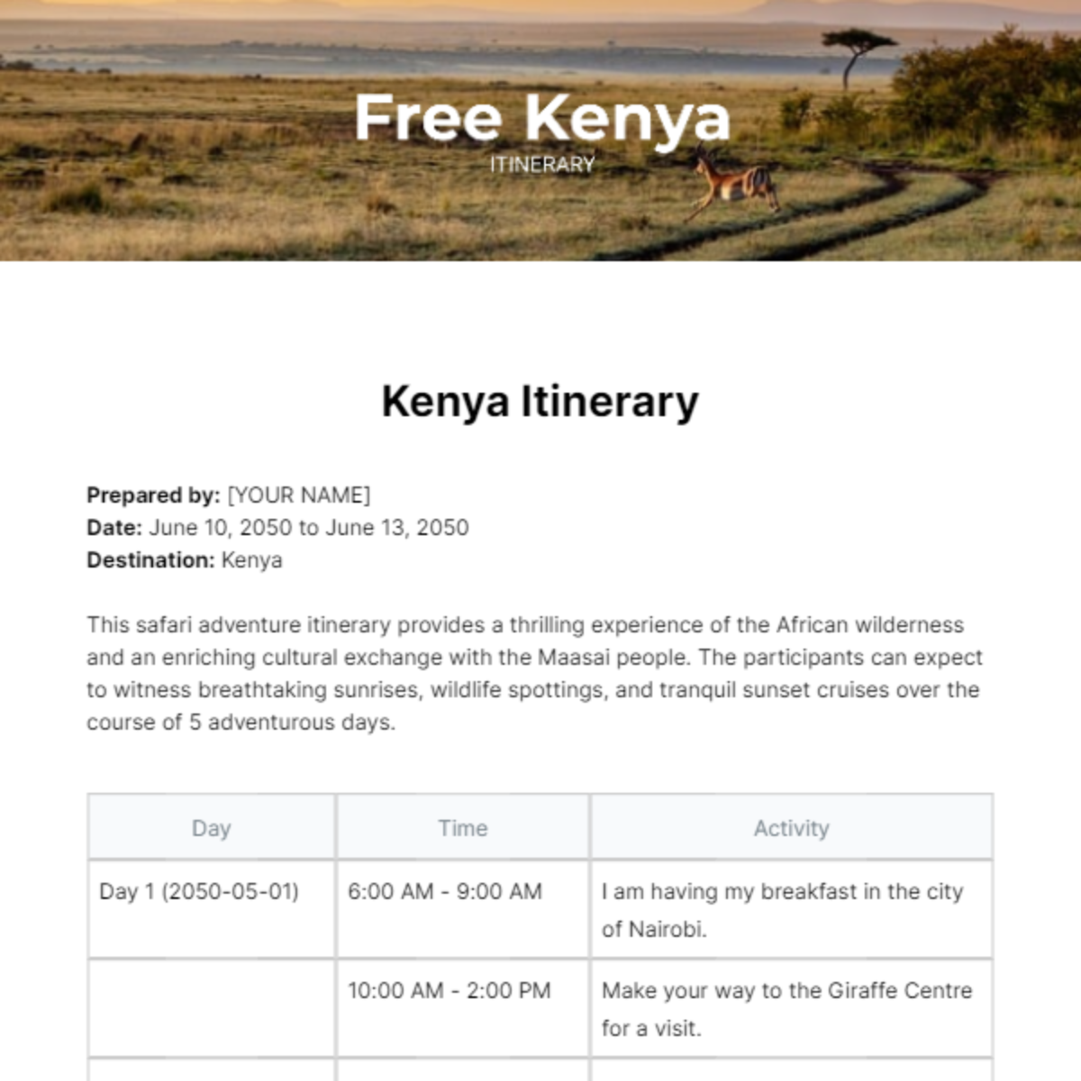 Kenya Itinerary Template - Download | Template.net