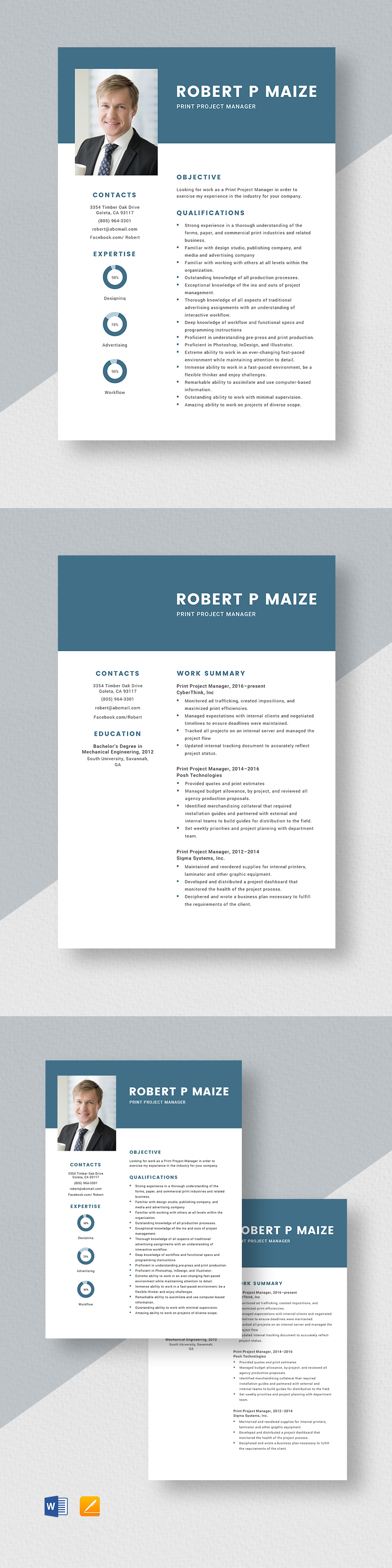 Free Print Project Manager Resume Template - Word, Apple Pages ...