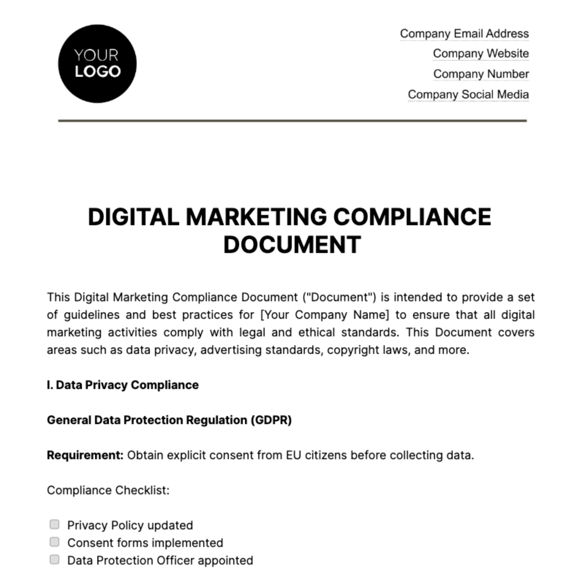 Marketing Digital Marketing Compliance Document Template - Edit Online ...