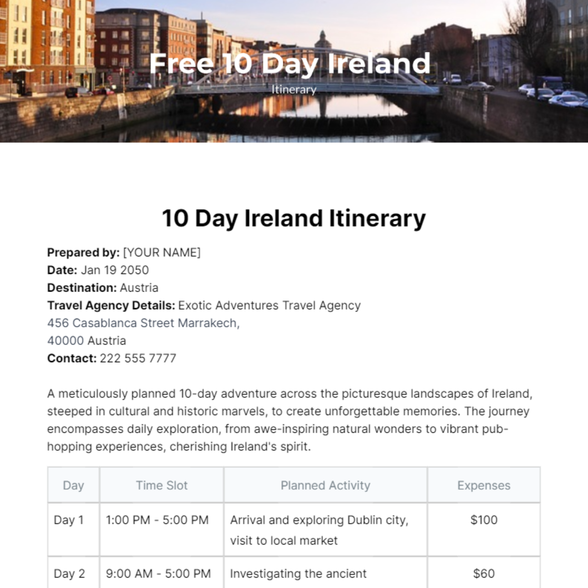 10 Day Ireland Itinerary Template - Edit Online & Download Example | Template.net