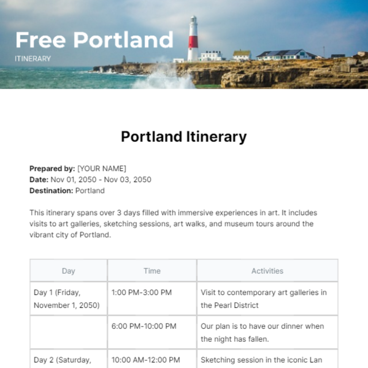 Portland Itinerary Template - Edit Online & Download Example | Template.net