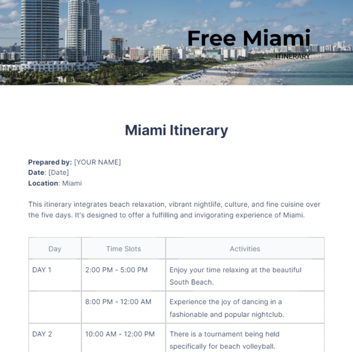 Miami Itinerary Template - Edit Online & Download Example | Template.net