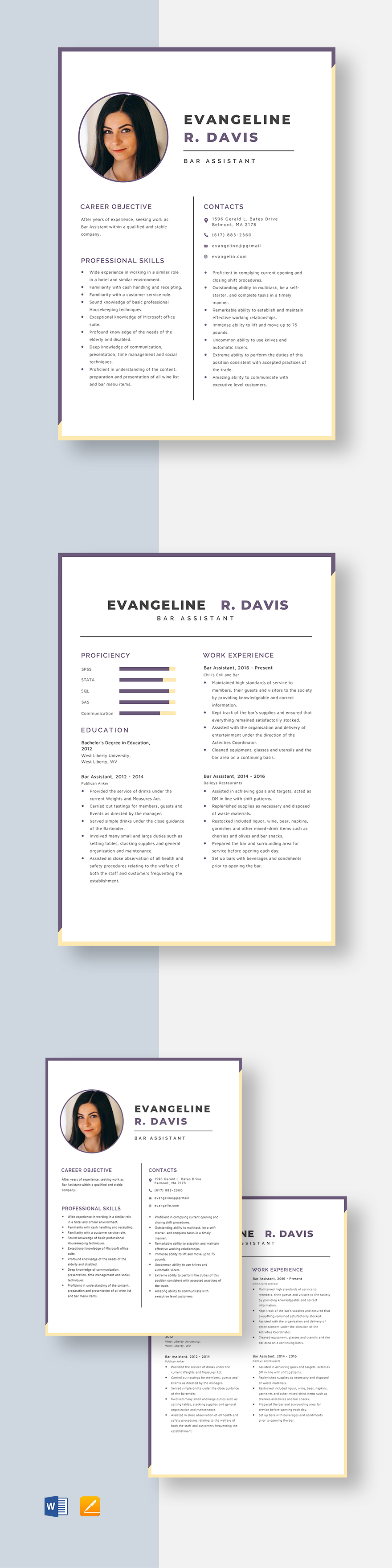 Free Bar Assistant Resume Template - Word, Apple Pages | Template.net