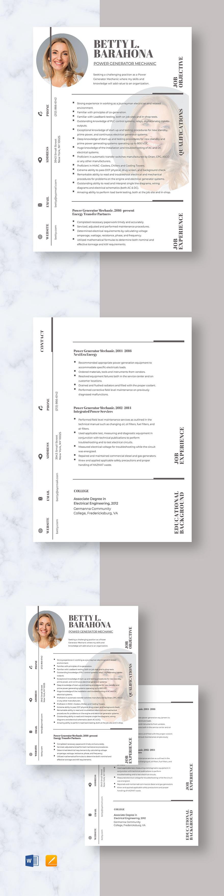 Free Power Generator Mechanic Resume Template - Word, Apple Pages ...