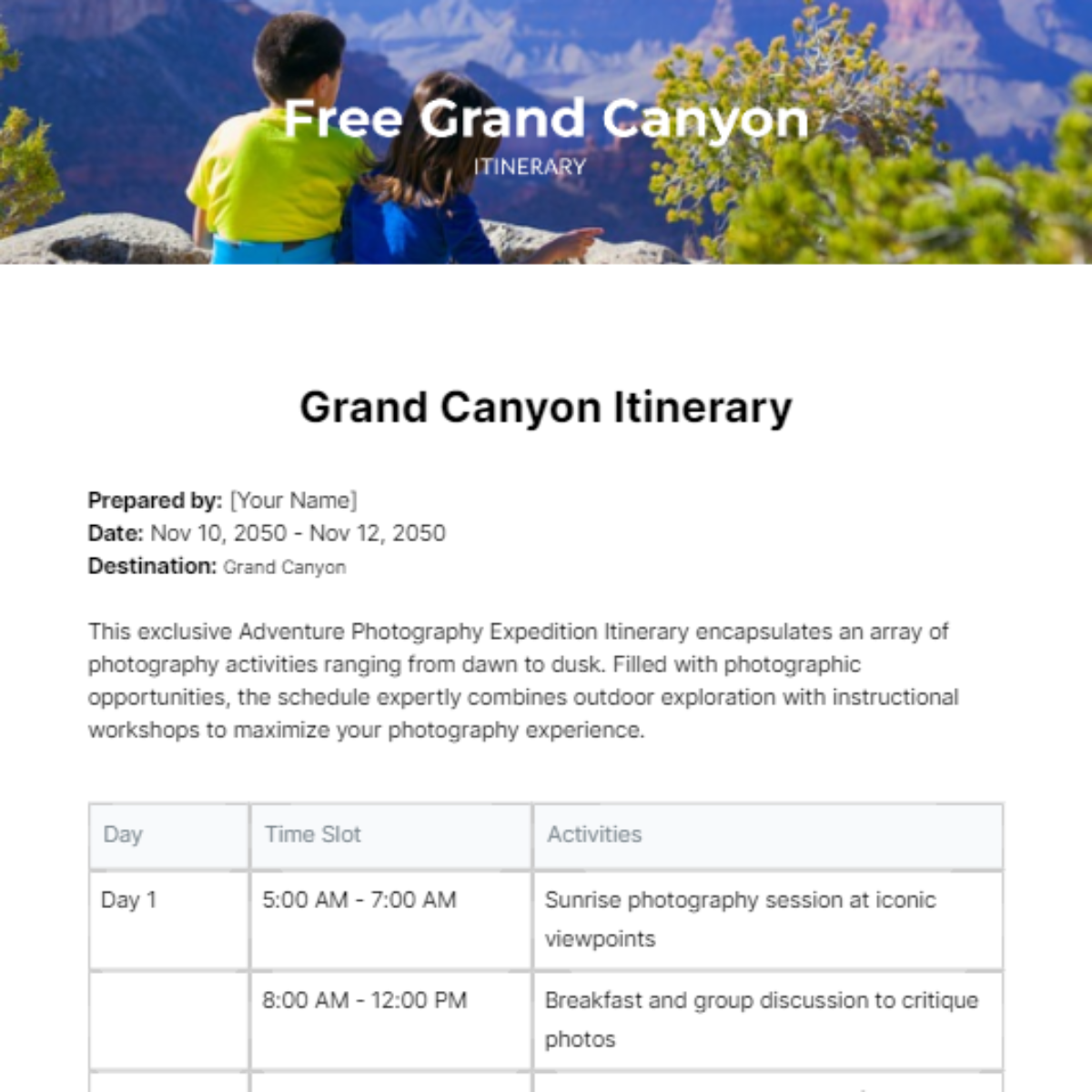 Grand Canyon Itinerary Template - Edit Online & Download Example | Template.net