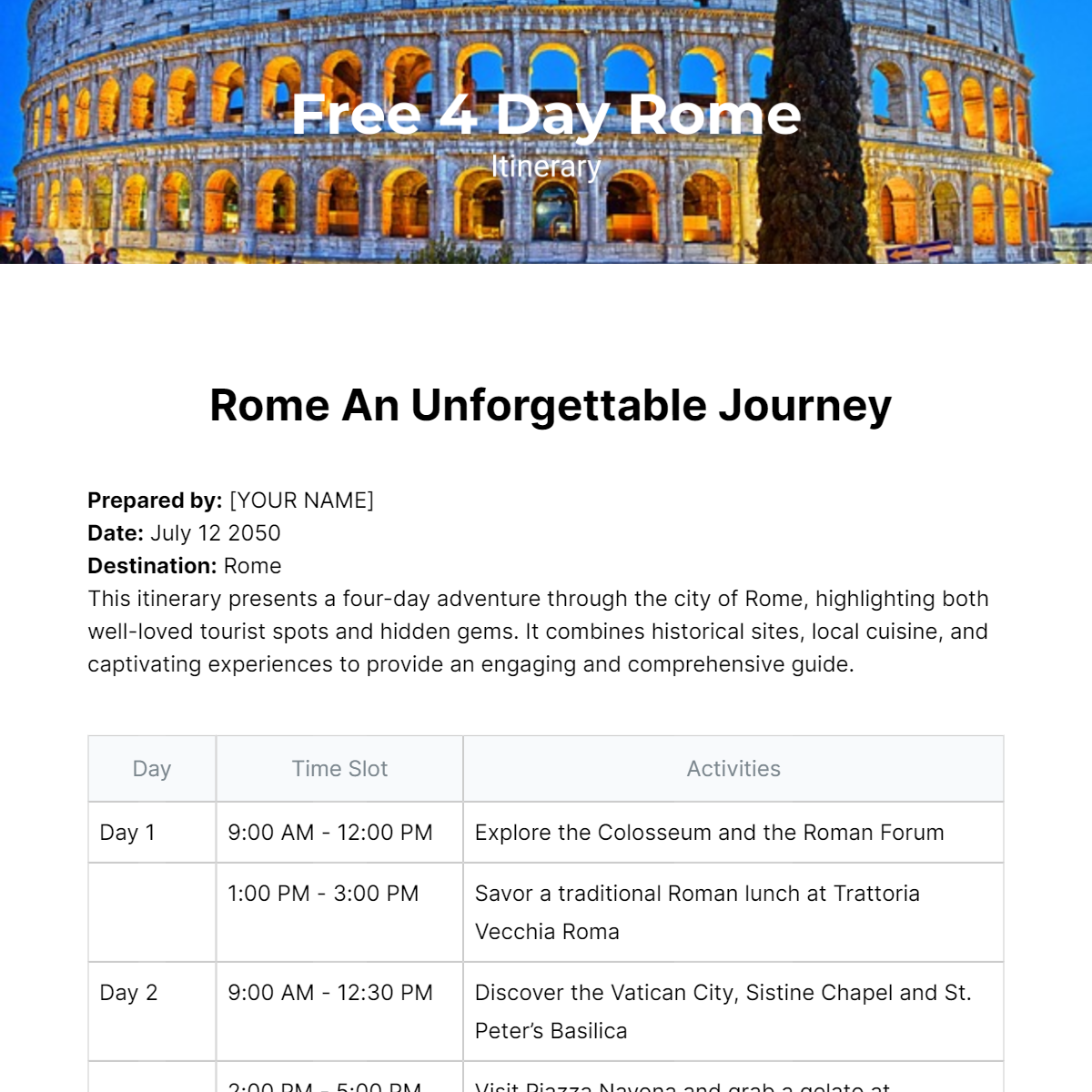 4 Day Rome Itinerary Template - Edit Online & Download Example ...