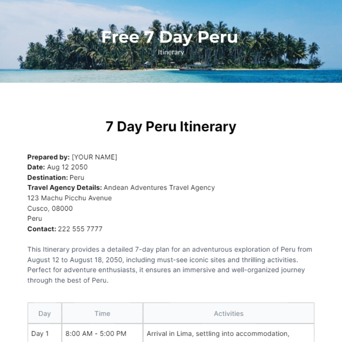 7 Day Peru Itinerary Template - Edit Online & Download Example | Template.net