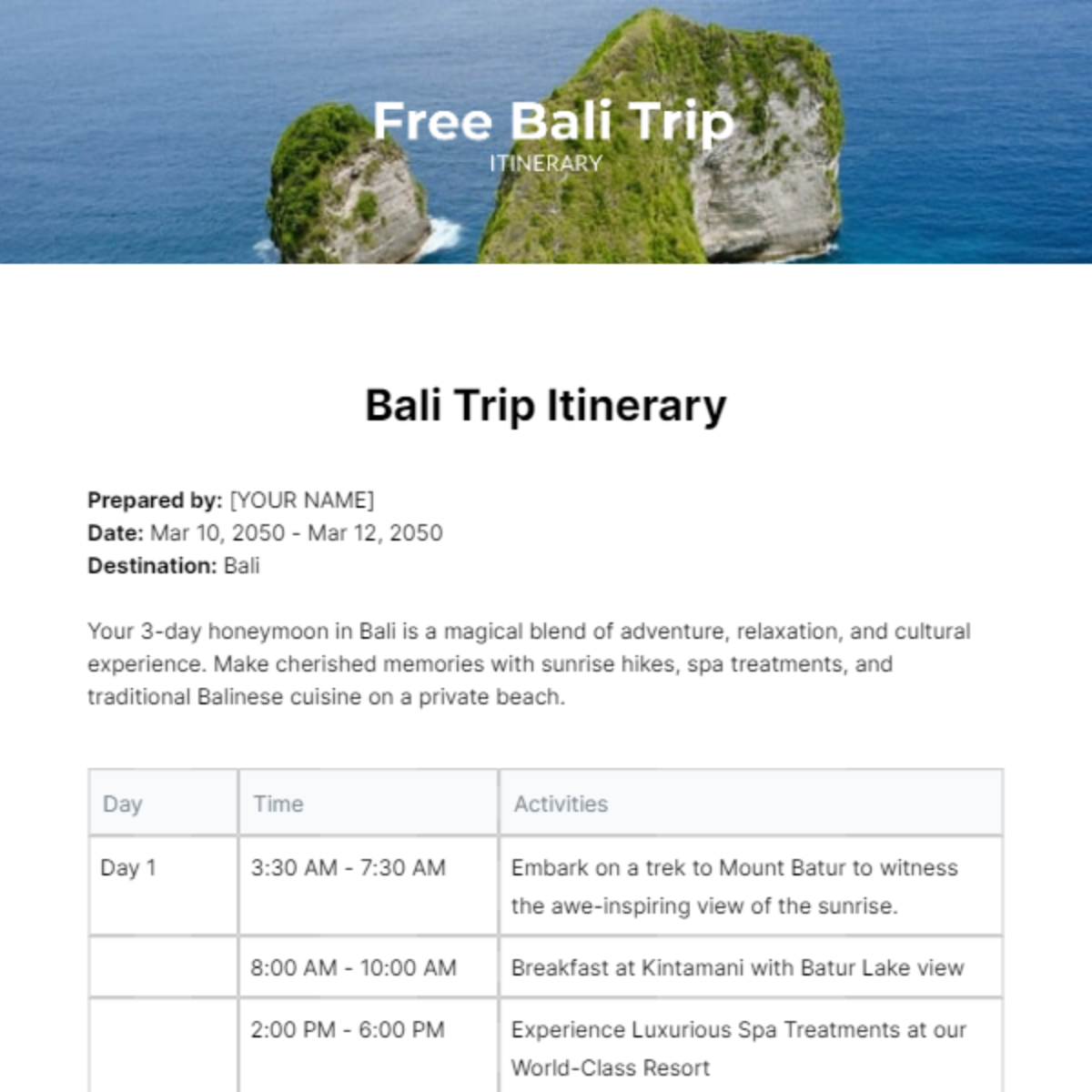 Bali Trip Itinerary Template - Edit Online & Download Example ...