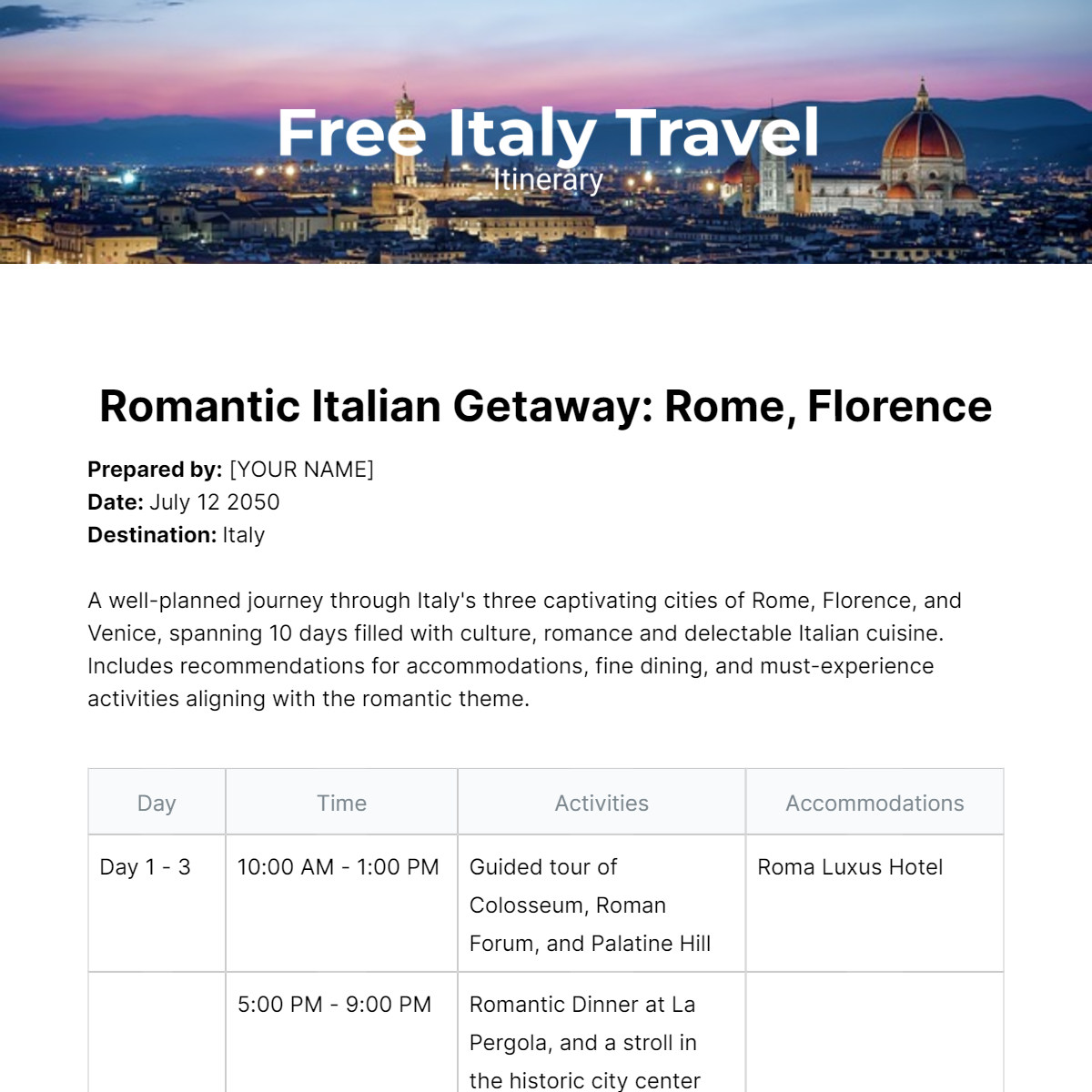 Italy Travel Itinerary Template - Edit Online & Download Example ...