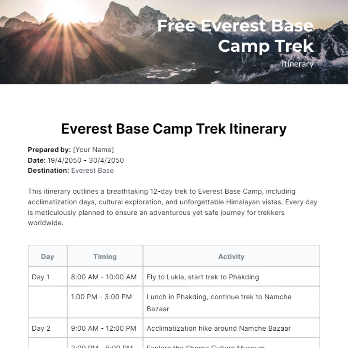 Everest Base Camp Trek Itinerary Template - Edit Online & Download ...