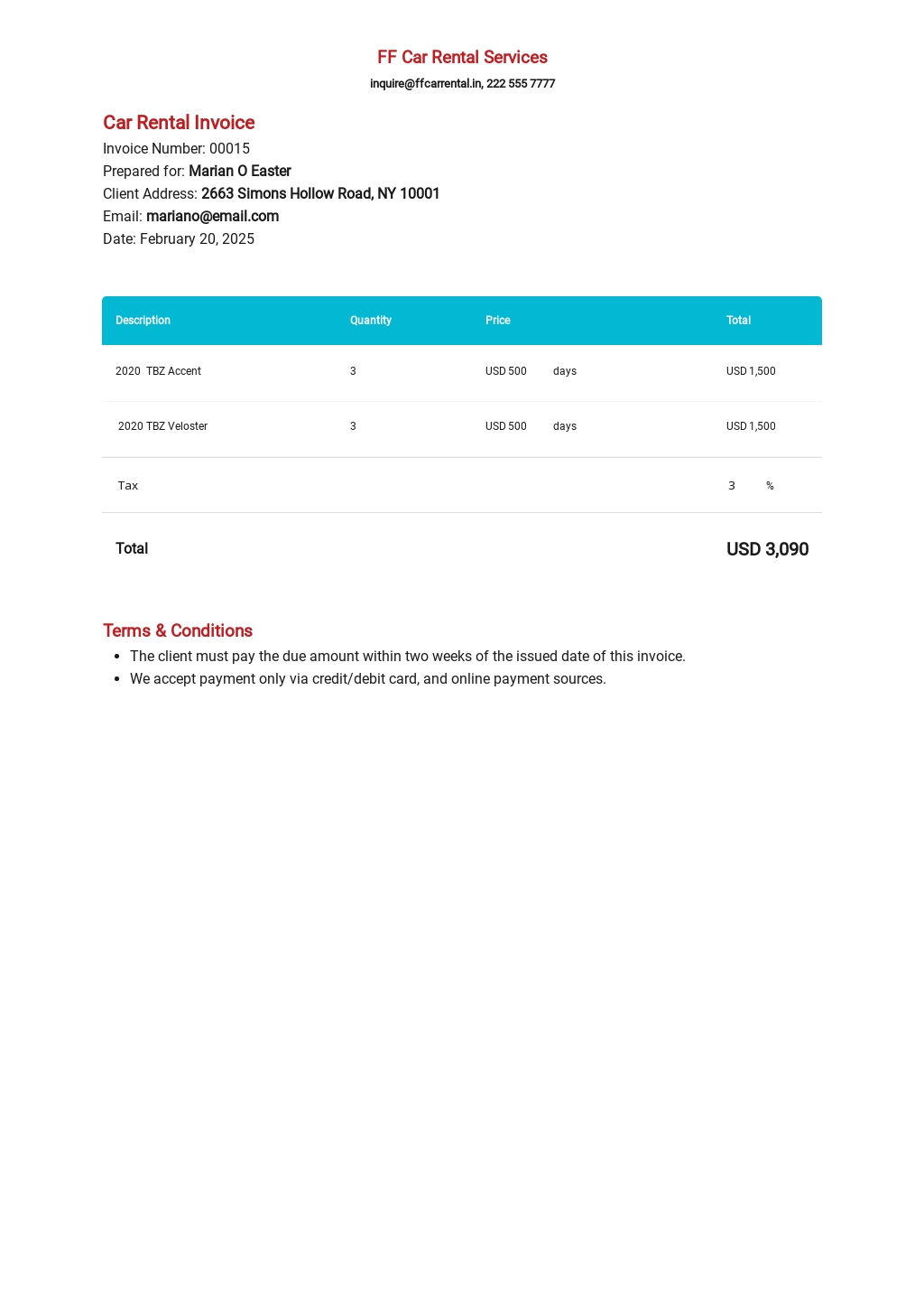 Car Rental Invoice Template Free PDF Word Excel Apple Pages 