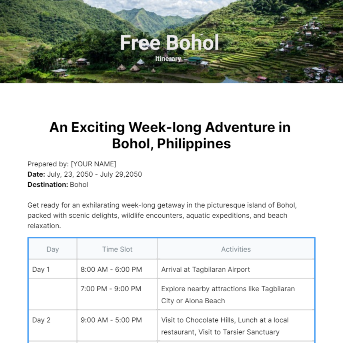 Bohol Itinerary Template - Edit Online & Download Example | Template.net