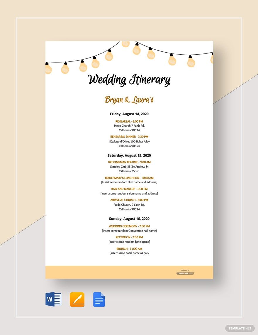 Wedding Weekend Itinerary Template Google Docs Word Template