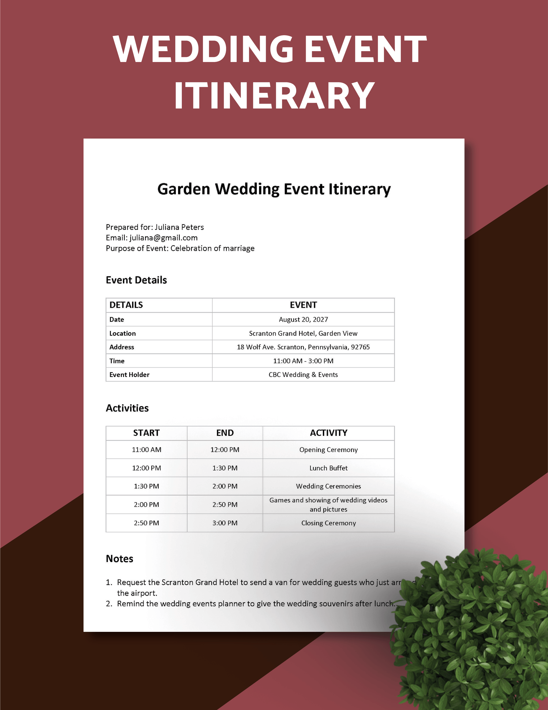 Wedding Event Itinerary Template Google Docs Word Template