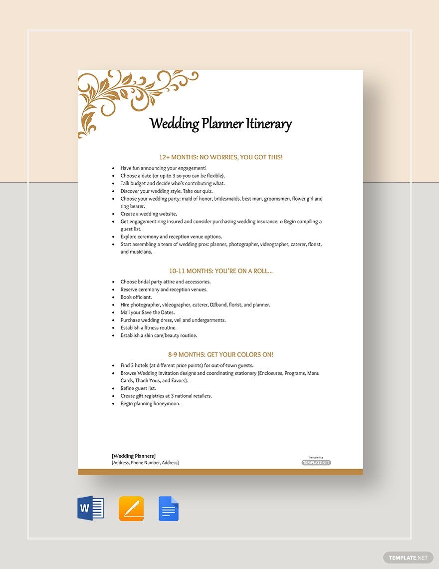 Wedding Planner Itinerary Template Google Docs Word Template