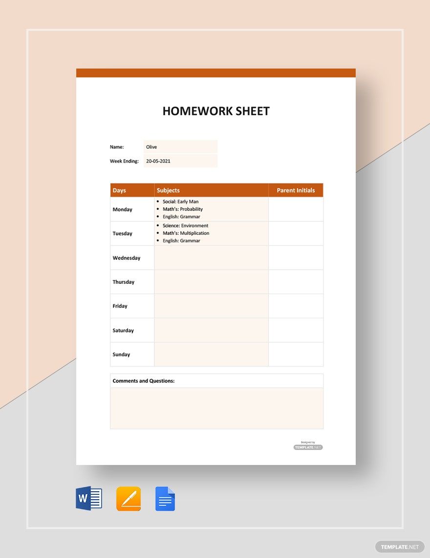 Homework Sheet Template In Google Docs Pages Word Download 