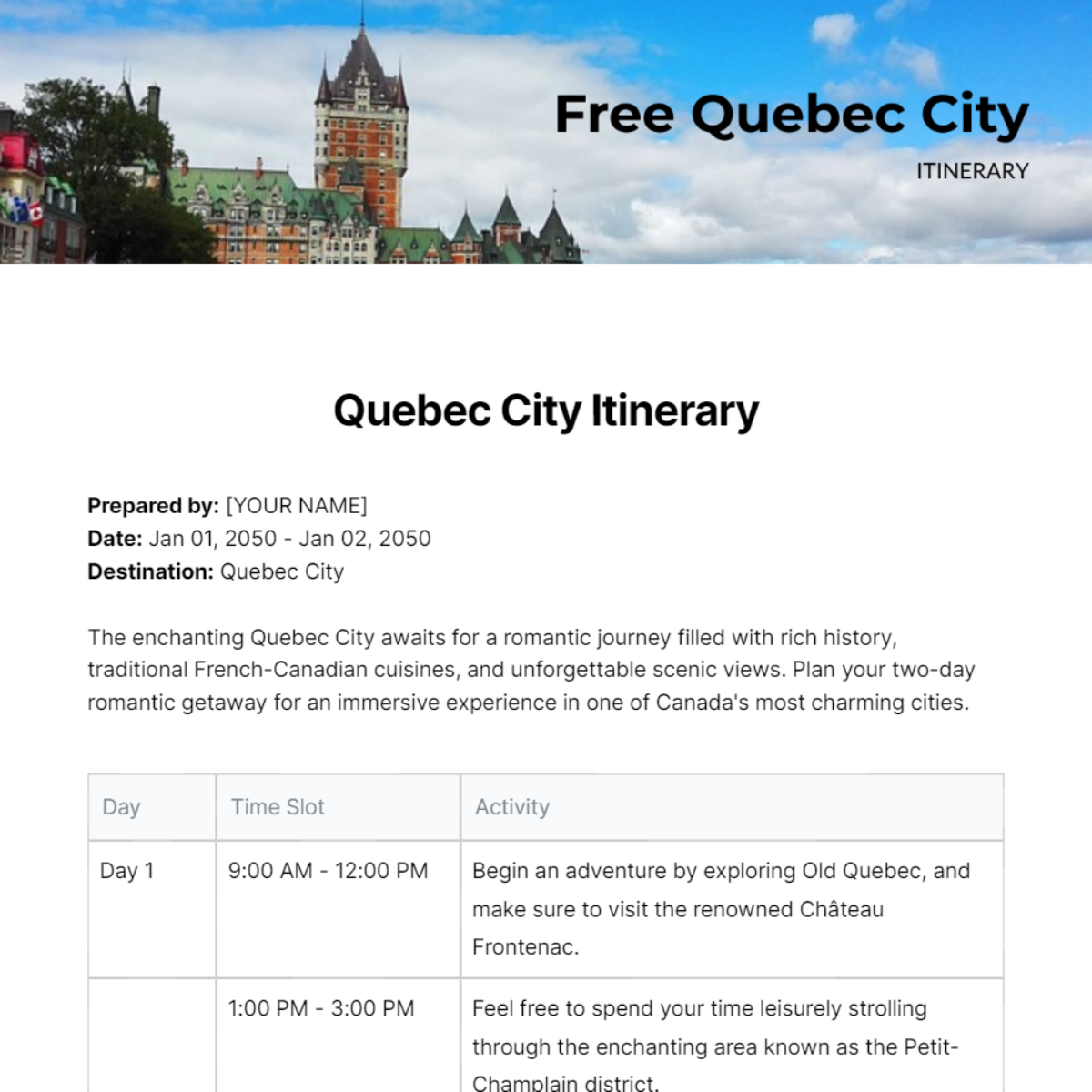 Quebec City Itinerary Template - Edit Online & Download Example ...