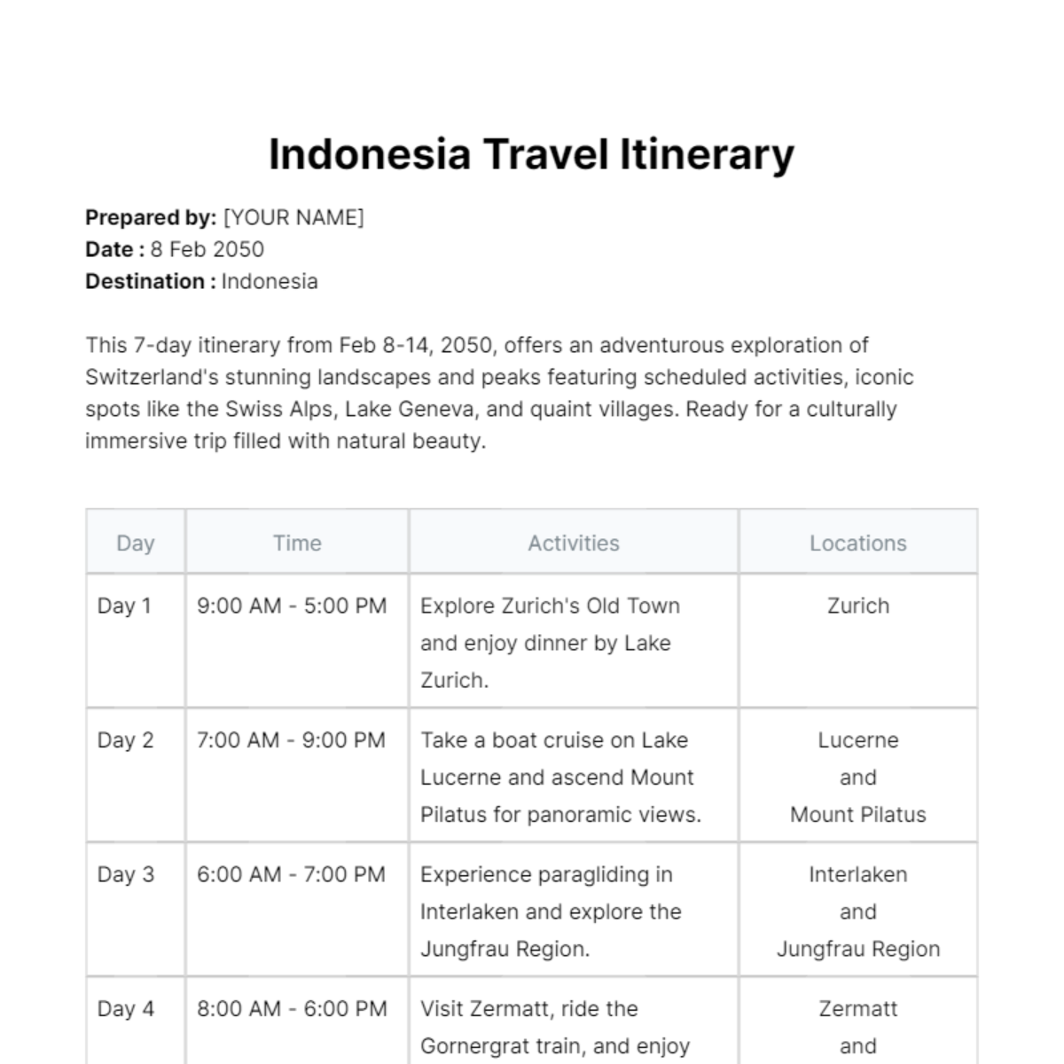 Indonesia Travel Itinerary Template - Edit Online & Download Example ...