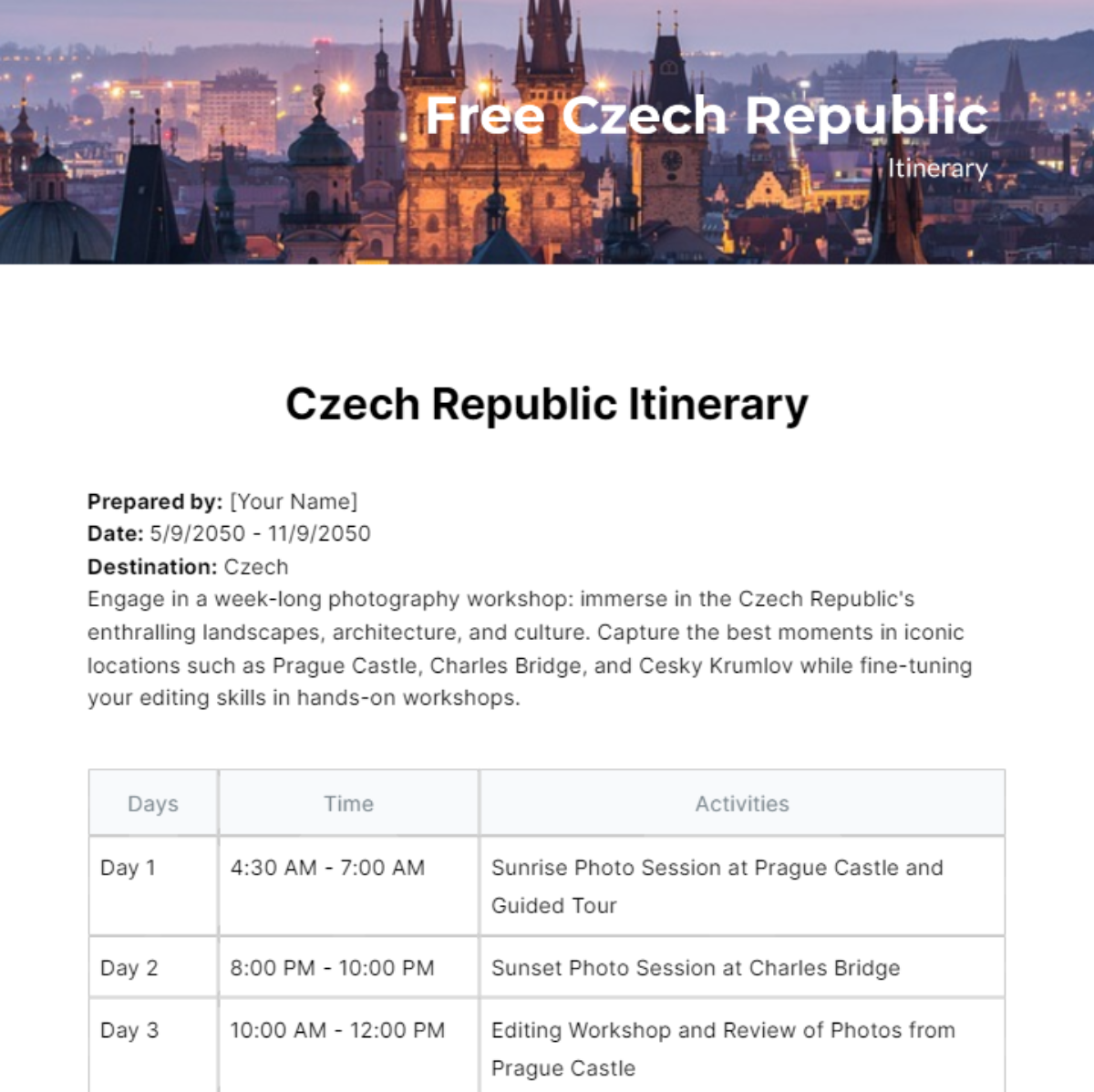 Czech Republic Itinerary Template - Edit Online & Download Example ...