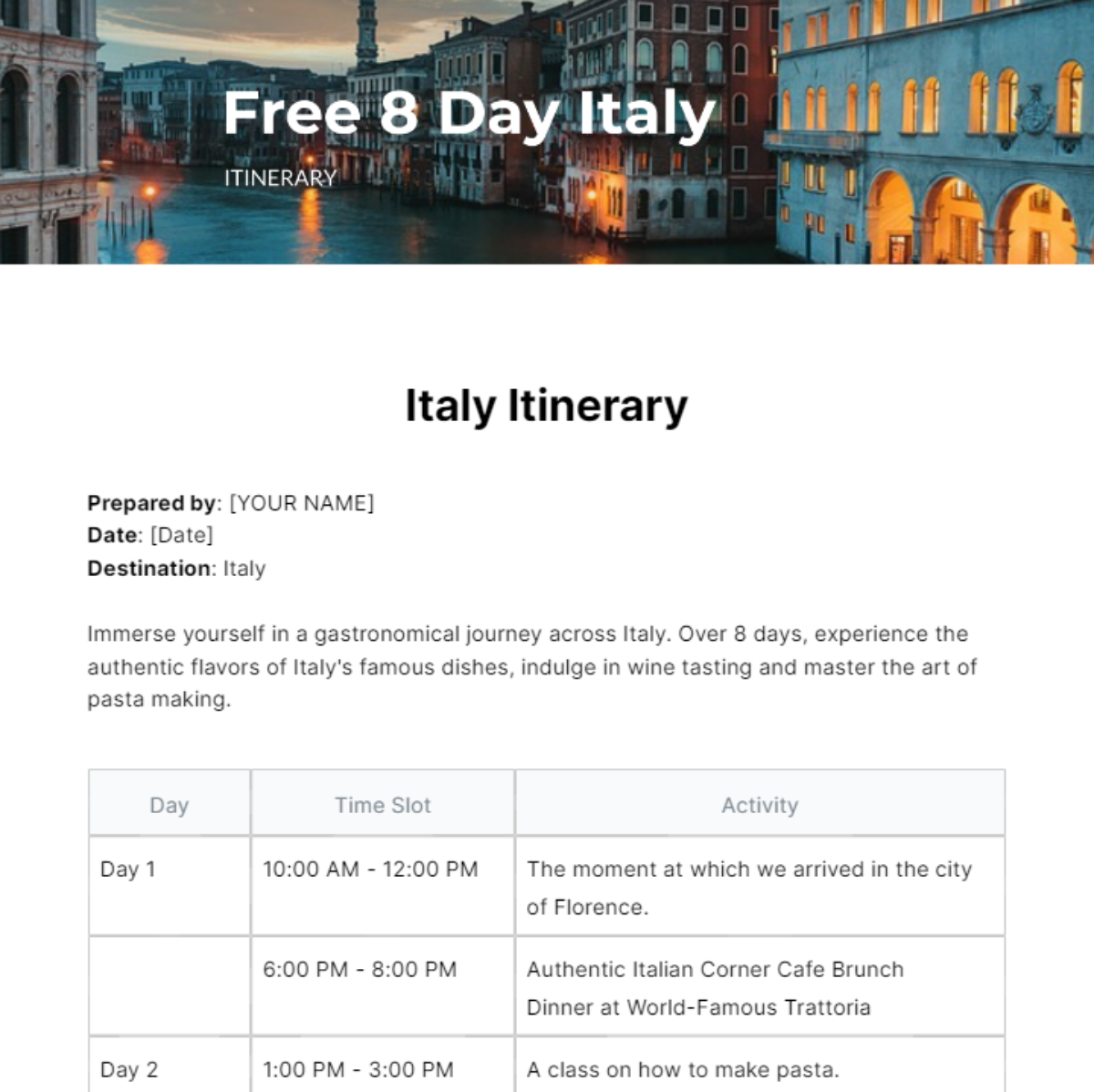 8 Day Italy Itinerary Template - Edit Online & Download Example | Template.net