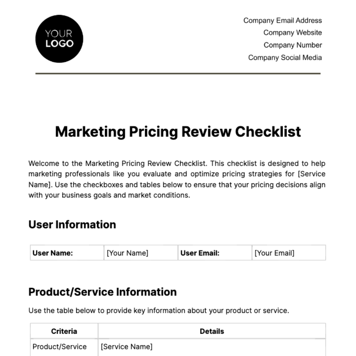 Marketing Pricing Review Checklist Template - Edit Online & Download ...