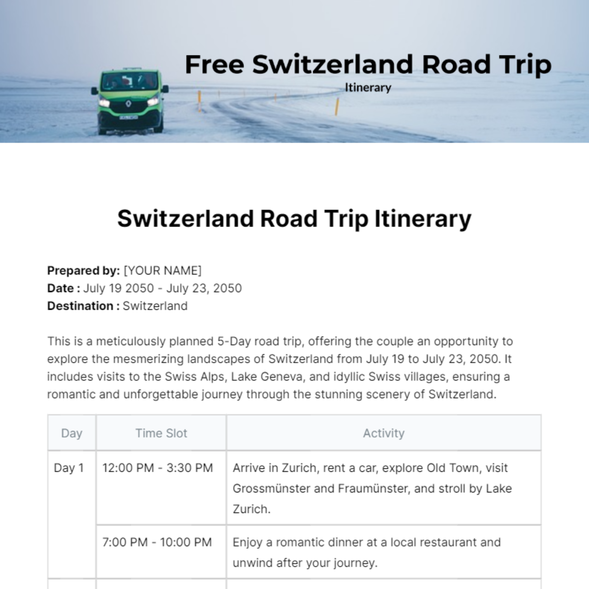 Switzerland Road Trip Itinerary Template - Edit Online & Download Example | Template.net