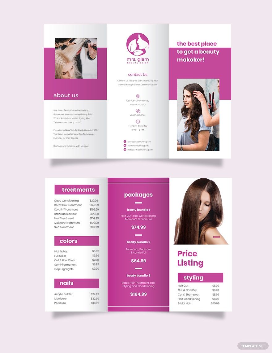 Free Salon Price List Tri fold Brochure Template Word Apple Pages 