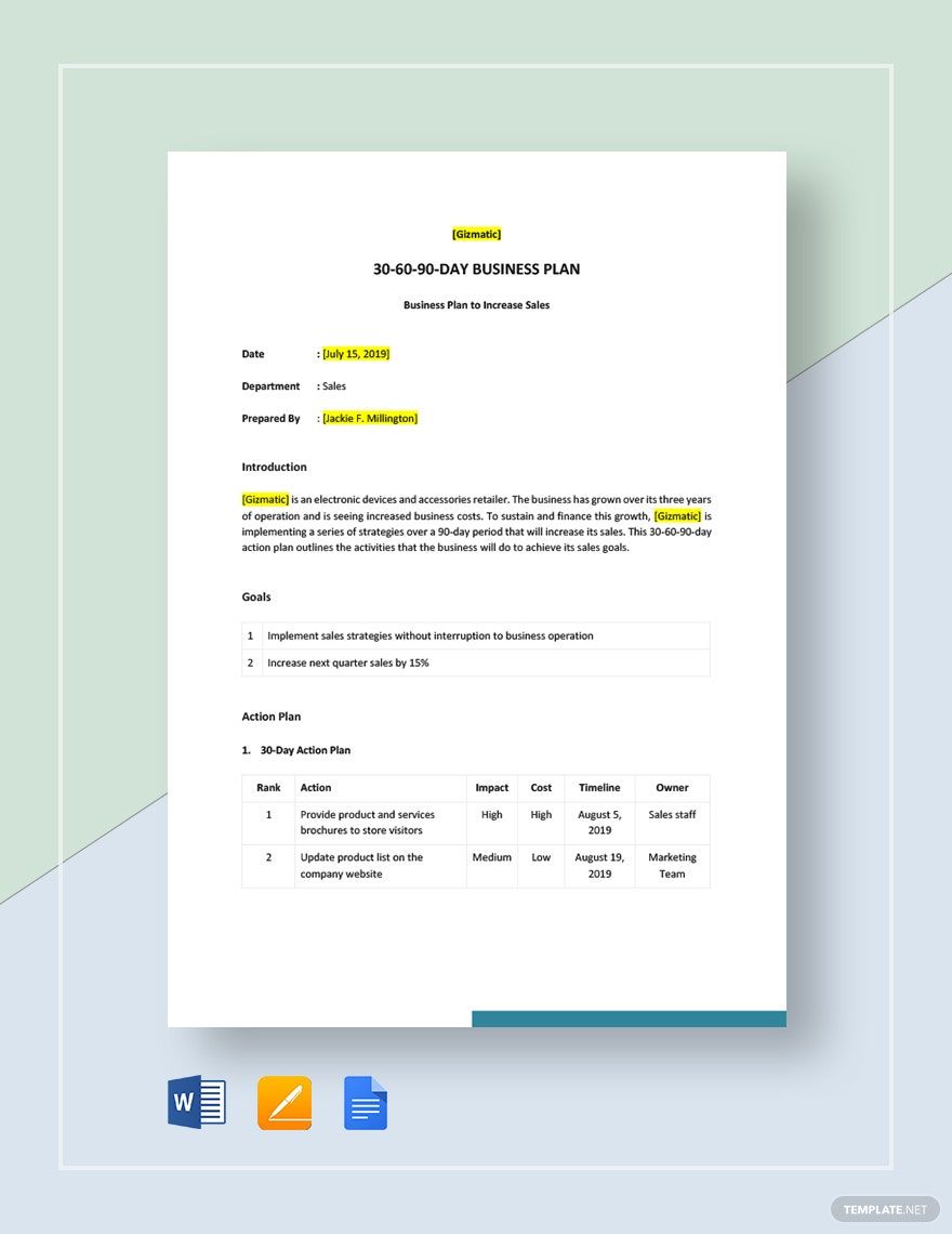 Sample 30 60 90 Day Business Plan Template Download In Word Google Docs Apple Pages 