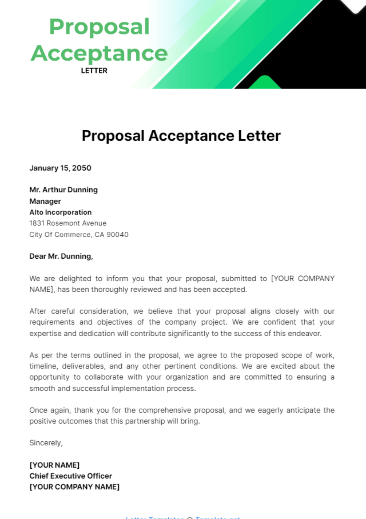 Proposal Acceptance Letter Templates - Edit Online & Download Example ...