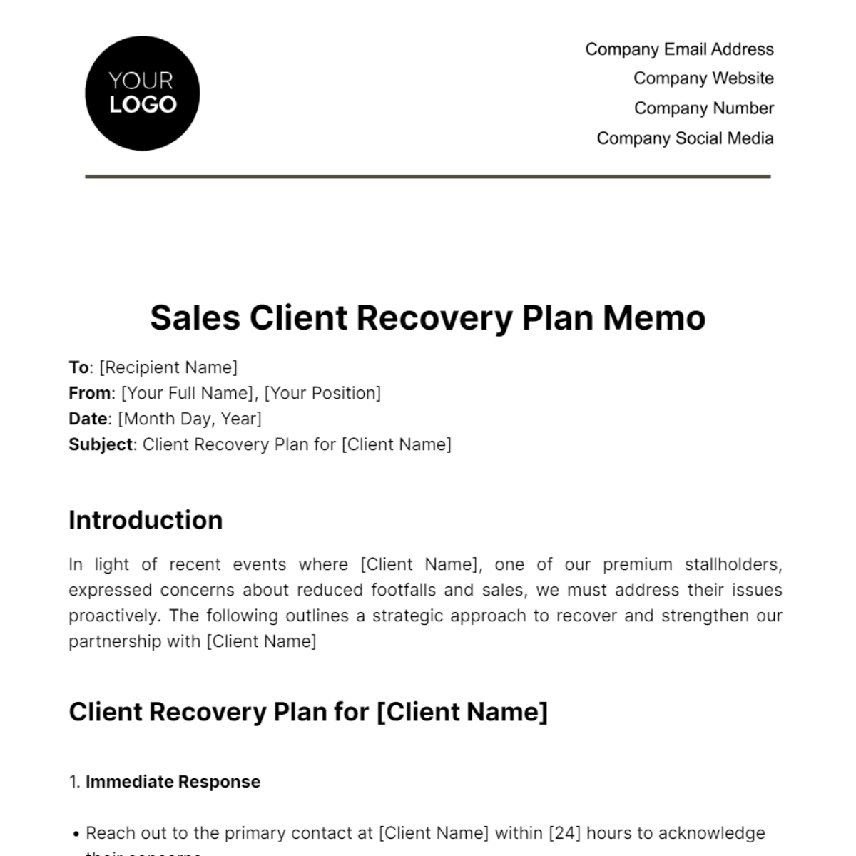 Sales Client Recovery Plan Memo Template - Edit Online & Download ...