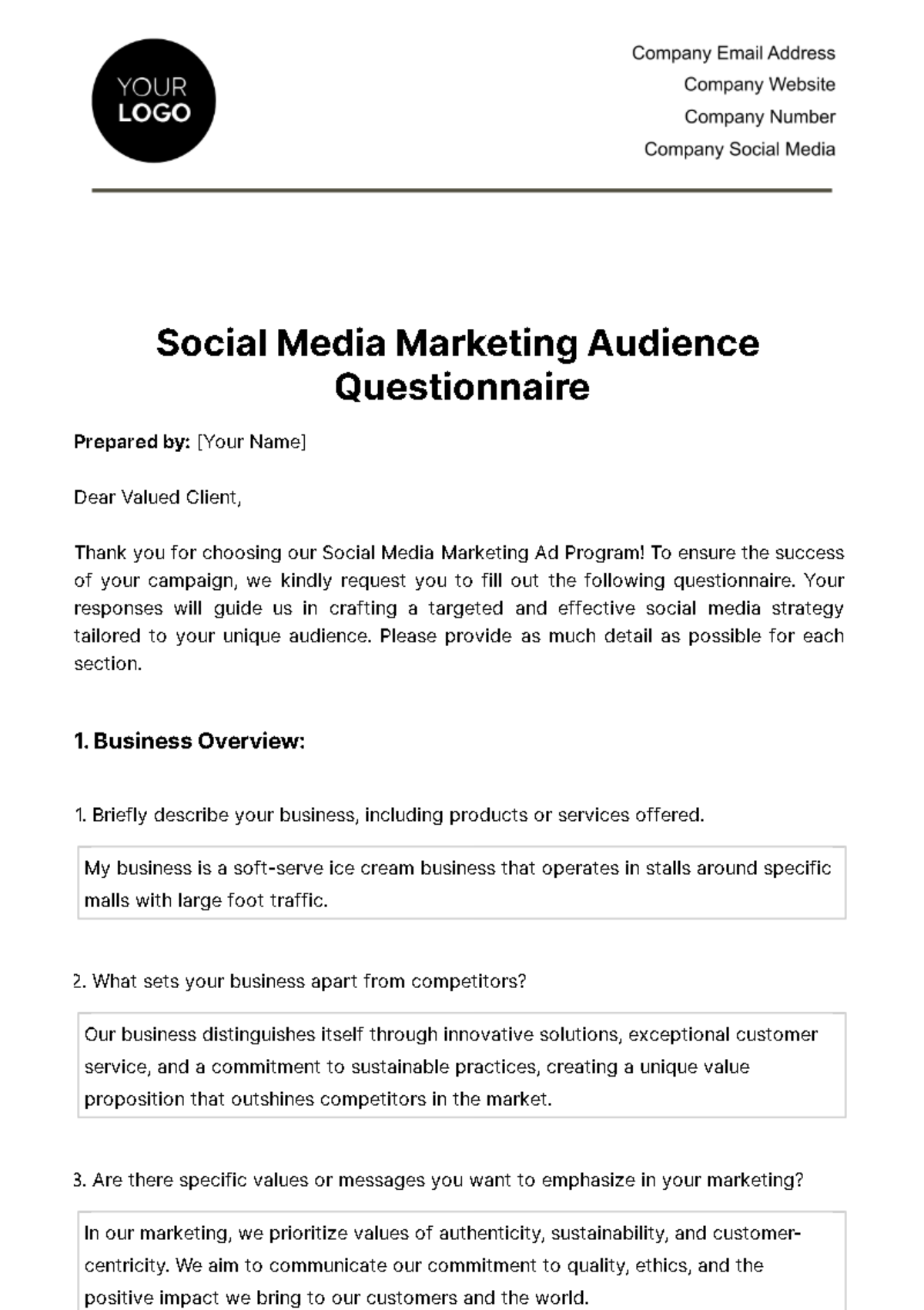 Social Media Marketing Audience Questionnaire Template - Edit Online ...