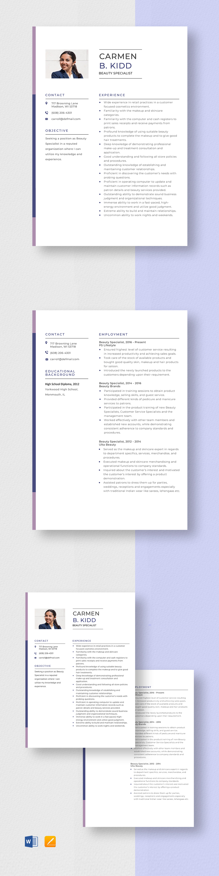 Beauty Consultant Resume Template - Word, Apple Pages, PSD, Publisher ...
