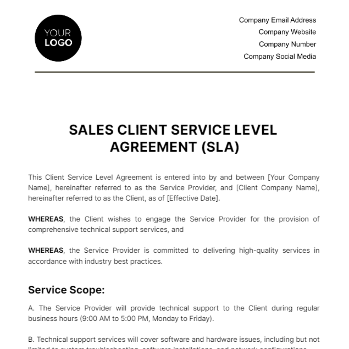 Sales Client SLA (Service Level Agreement) Template - Edit Online ...