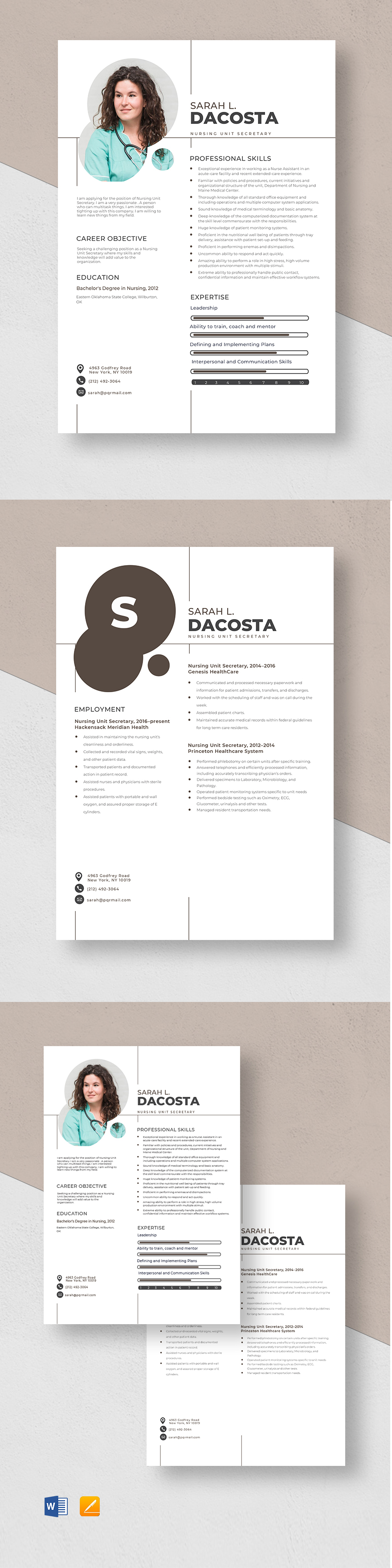 Free Nursing Unit Secretary Resume Template - Word, Apple Pages ...