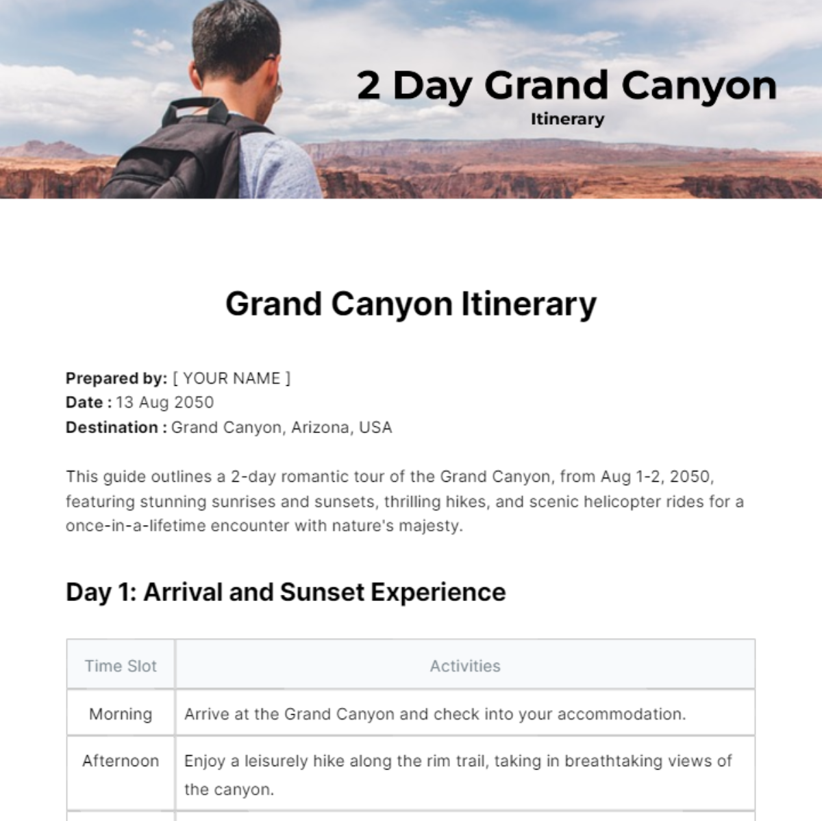 2 Day Grand Canyon Itinerary Template - Edit Online & Download Example ...