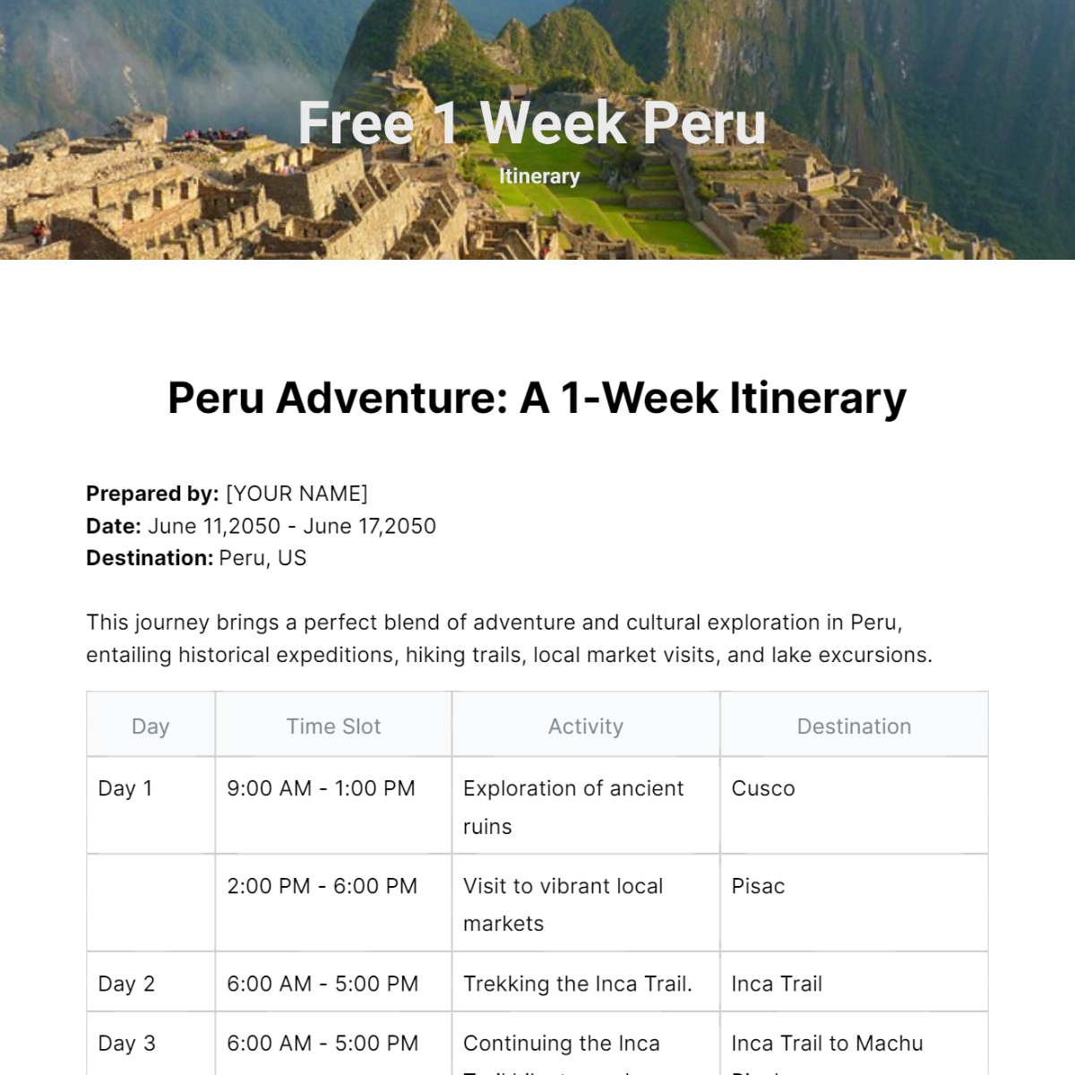 1 Week Peru Itinerary Template - Edit Online & Download Example | Template.net