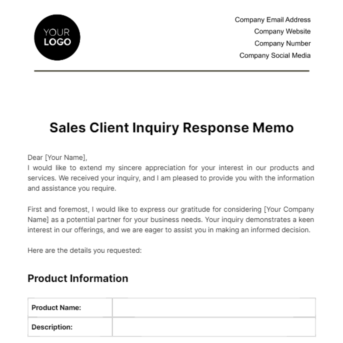 Sales Client Inquiry Response Memo Template - Edit Online & Download ...