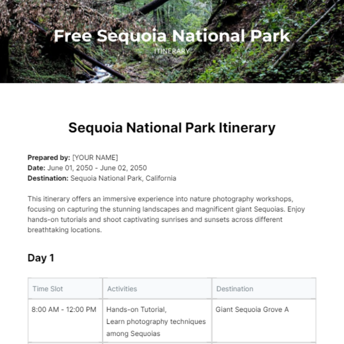 Sequoia National Park Itinerary Template - Edit Online & Download ...